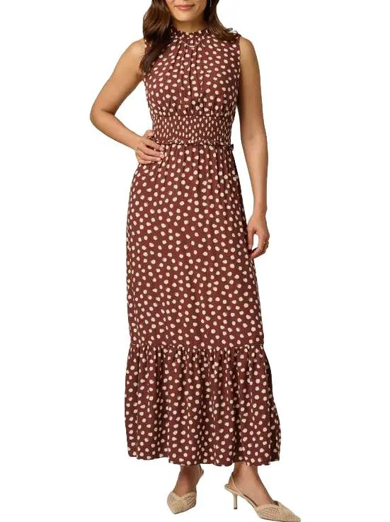 Adrianna Papell Polka Dot Smocked Waist Maxi Dress - Brown/ecru