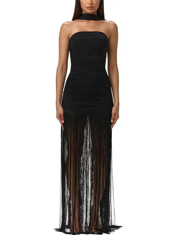Naked Wardrobe Fringe Hem Ruched Strapless Maxi Dress - Black