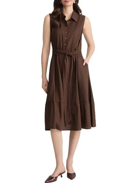 Jones New York Sleeveless Collared Midi Dress With Tie Waist - Fudge