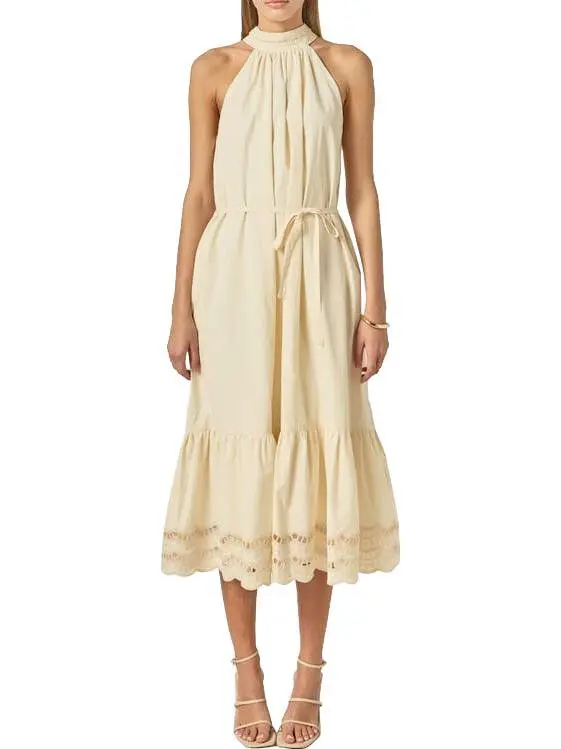 English Factory Embroidered Cotton Poplin Halter Dress - Cream