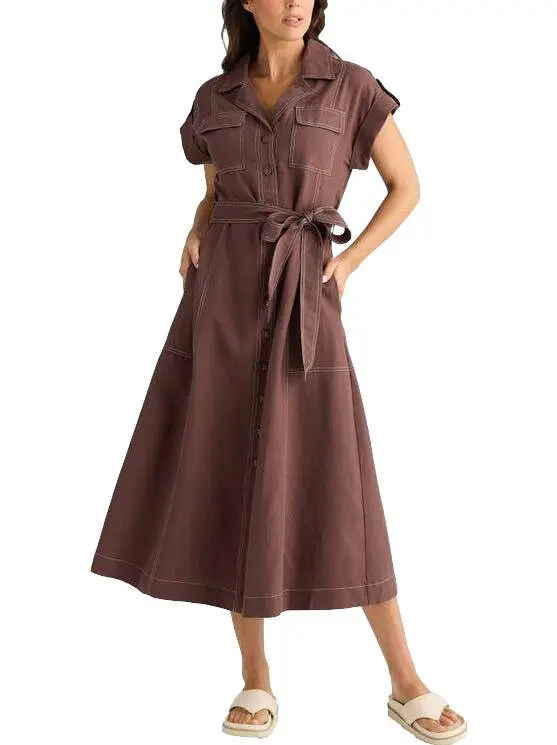 BRAVE+TRUE Portia Cotton Blend Maxi Shirtdress With Contrast Stitching - Chocolate