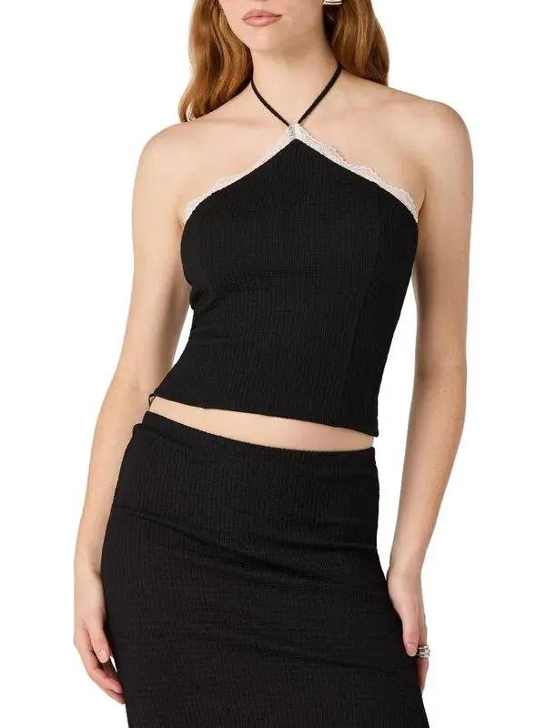 Astr The Label Milana Lace Detail Rib Halter Top - Black