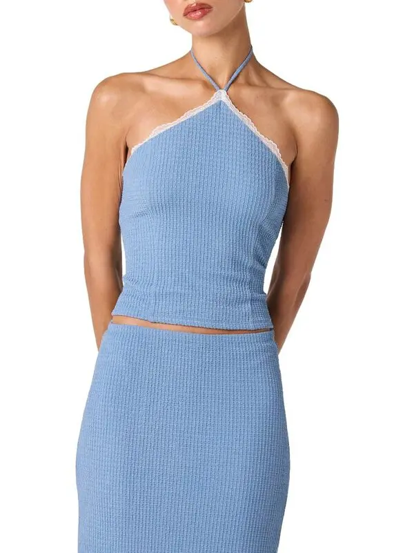 Astr The Label Milana Lace Detail Rib Halter Top - Blue