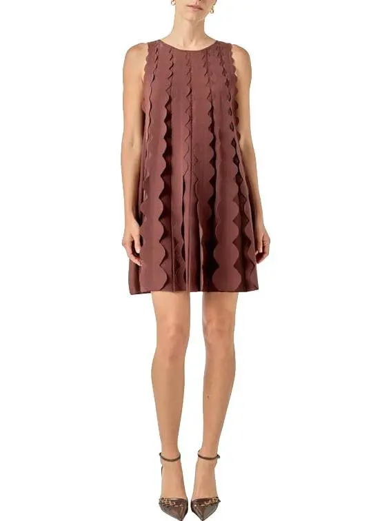 English Factory Scalloped Sleeveless Shift Dress - Brown