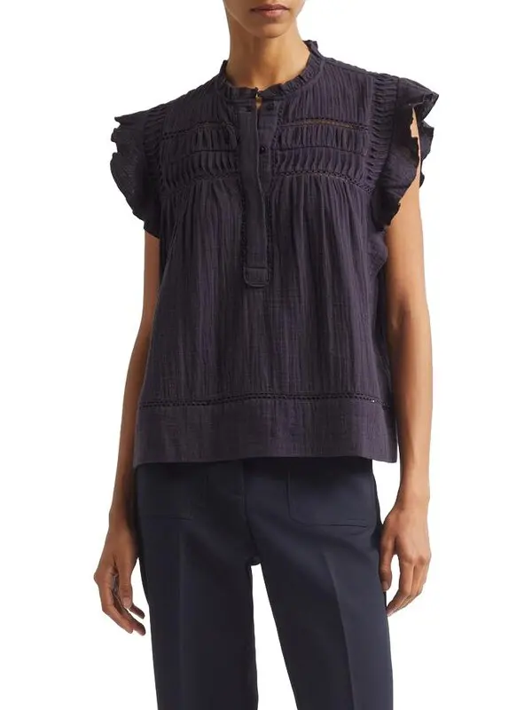 REISS Florie Pintuck Ruffle Top - Navy