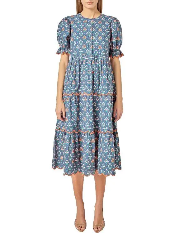 English Factory Ditsy Floral Scallop Trim Tiered Midi Dress - Navy Multi