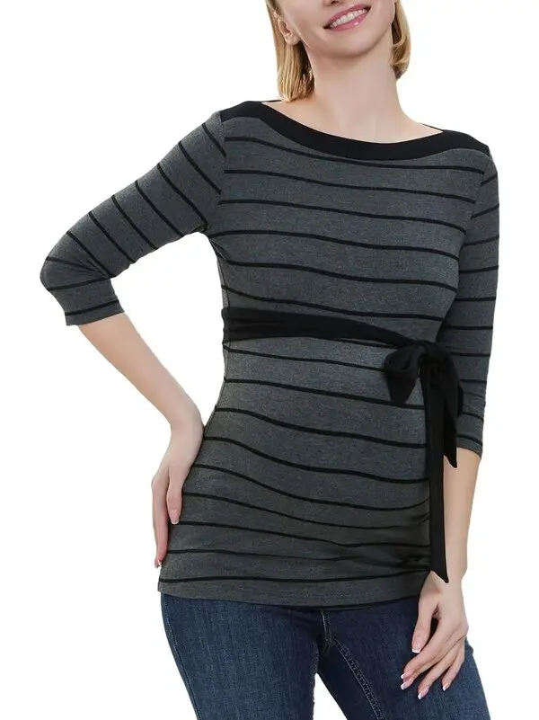 KIMI + KAI Striped Boat Neck Top With Self-tie Waist - Gray