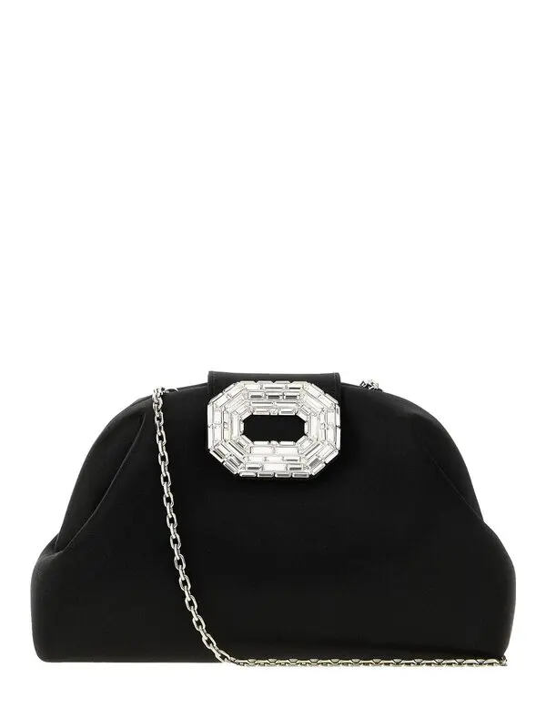 Amina Muaddi Satin Camelia Clutch With Jewel Embellishment - Black