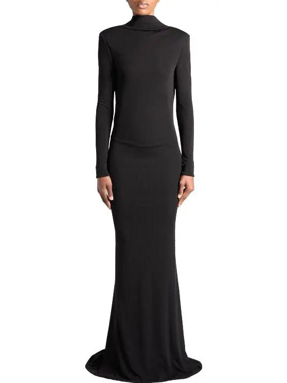 TOM FORD Long Sleeve Draped Open Back Crepe Jersey Gown - Black