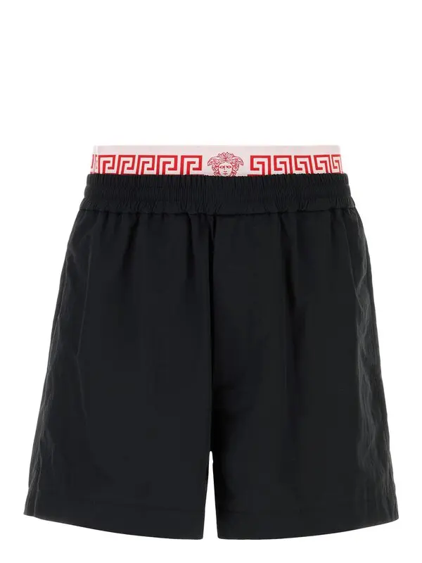 Versace Nylon Bermuda Shorts With La Greca Waistband - Black
