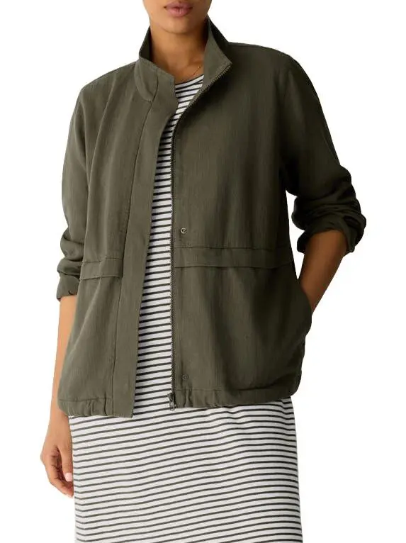 Eileen Fisher Stand Collar Zip Jacket In Organic Cotton And Linen - Olive