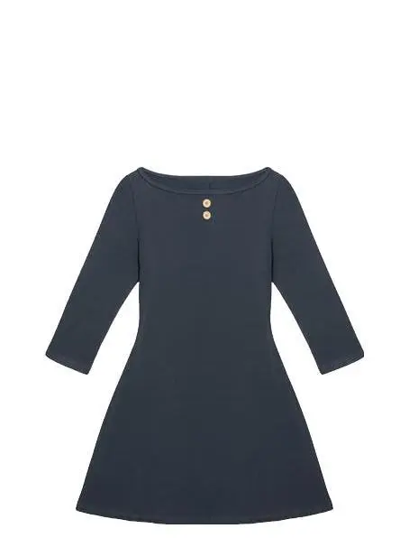ODDLI 3/4 Sleeve Boatneck Dress With Decorative Buttons - Navy