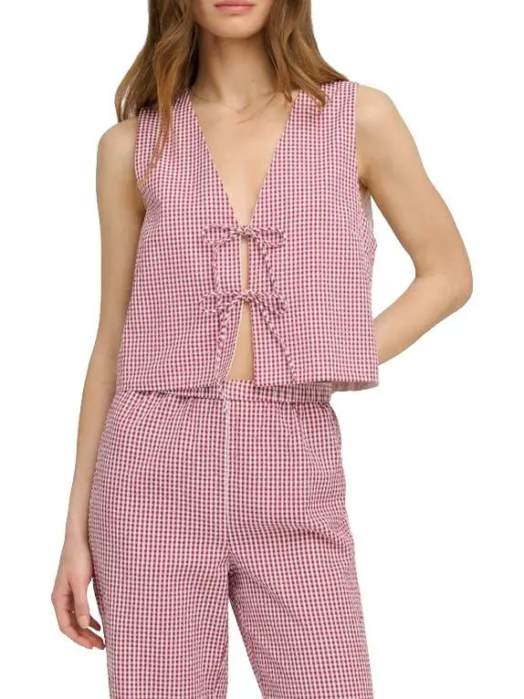 FAVORITE DAUGHTER Sleeveless Cropped Vest With Front Tie Detail - Raspberry/white
