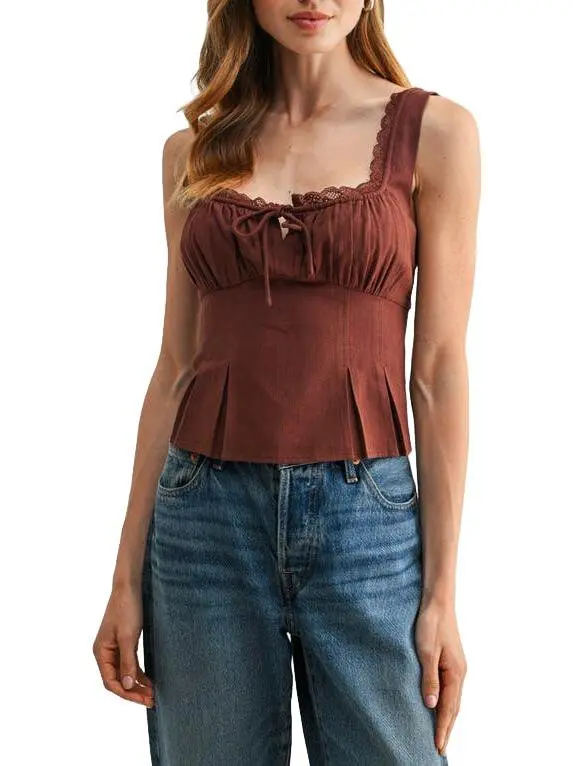 ALL IN FAVOR Lace Trim Pleated Rayon And Linen Top - Brown
