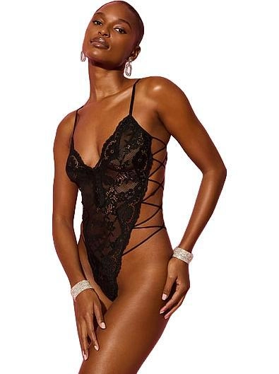 Victoria's Secret Dream Angels Lace Strappy Peekaboo Teddy - Black