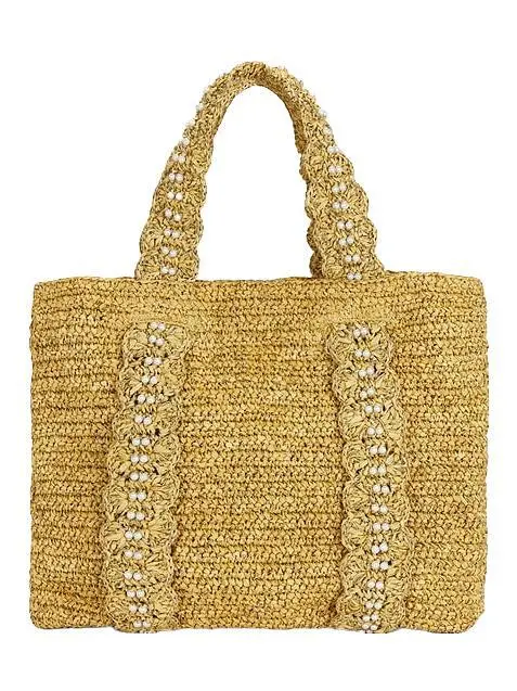 BTB LOS ANGELES Pearl Embellished Woven Tote Bag - Tan