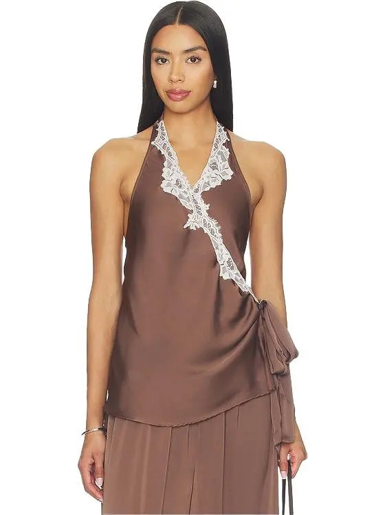 Faithfull The Brand Marea Wrap Top With Lace Trim - Chocolate