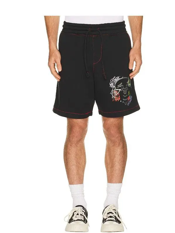 True Religion Buddha Face Big T Fleece Shorts - Black