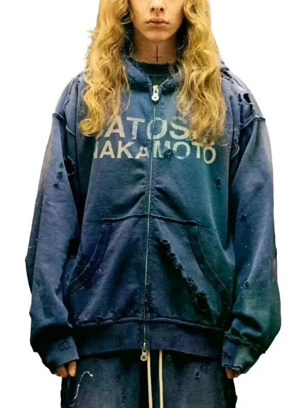 SATOSHI NAKAMOTO Logo-print Distressed Hoodie - Blue