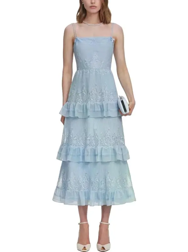 SELF-PORTRAIT Lace-trimmed Ruffled Midi Dress - Blue