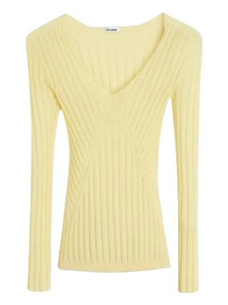 JIL SANDER Ribbed V-neck Long Sleeve Top - Limewash