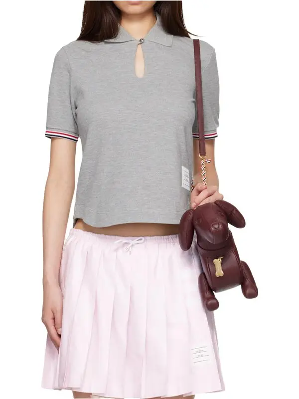 Thom Browne Keyhole Piqué Polo Shirt With Rwb Ribbon Trim - Light Gray