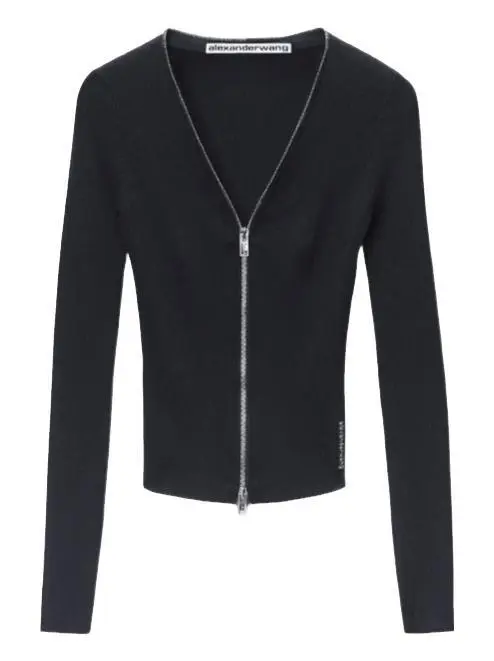 Alexander Wang V-neck Long Sleeve Pointelle Zip Cardigan - Black