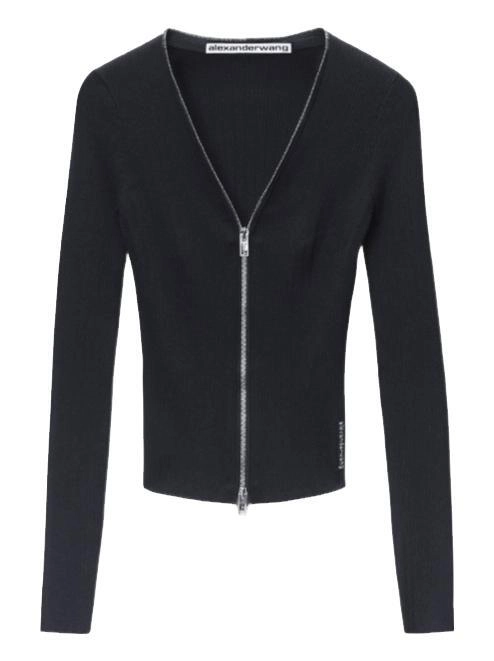 Alexander Wang V-neck Long Sleeve Pointelle Zip Cardigan - Black