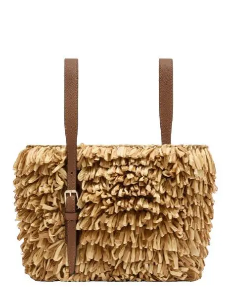 VALEXTRA Soft Wavy Raffia Bucket Bag - Beige/chocolate Brown