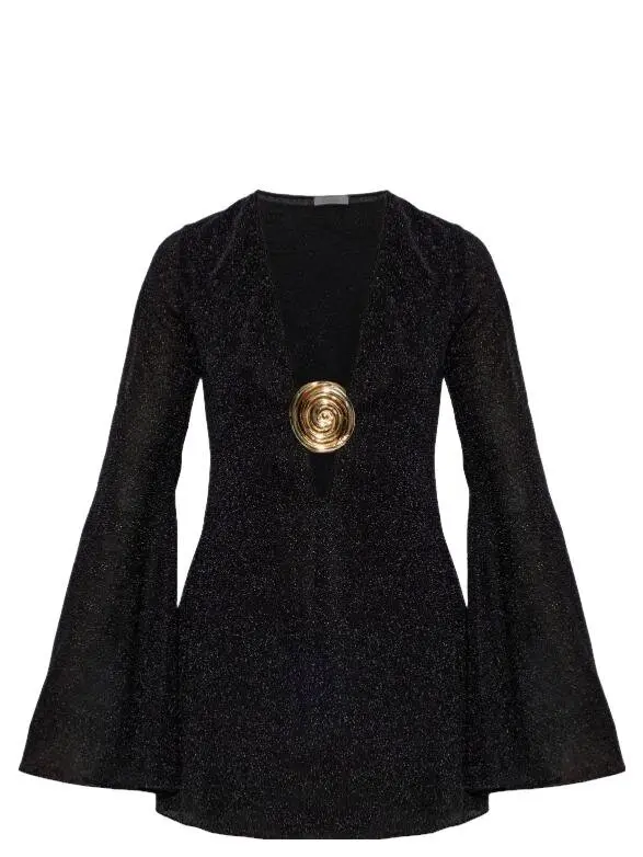 Oseree Lurex Plunge Mini Dress With Gold-tone Spiral Hardware - Black