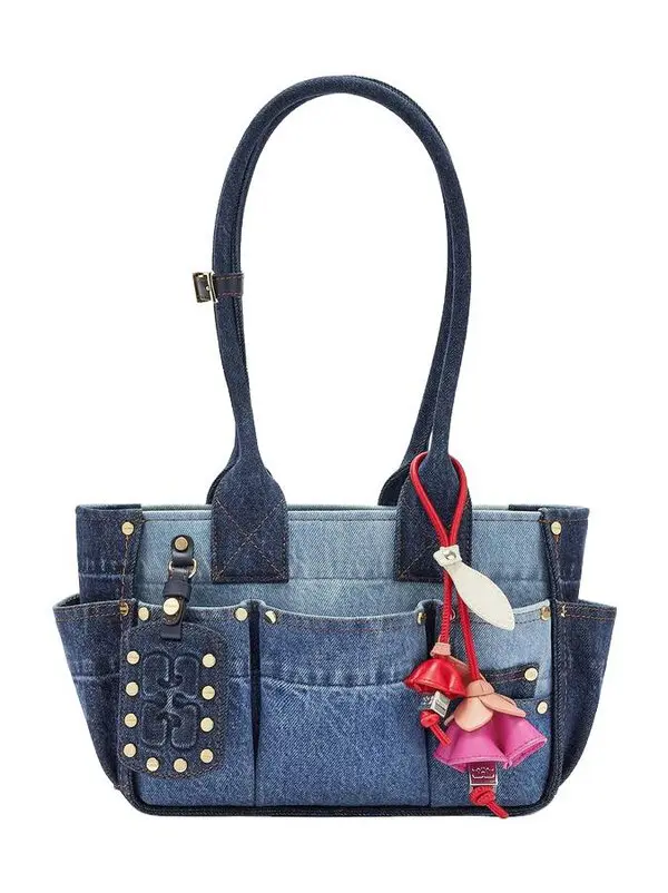 GANNI Denim Top Handle Bag With Studded Details - Blue
