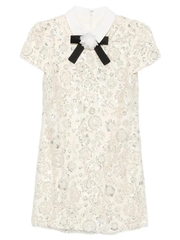 SELF-PORTRAIT Sequin Embellished Short Sleeve Dress - Cream