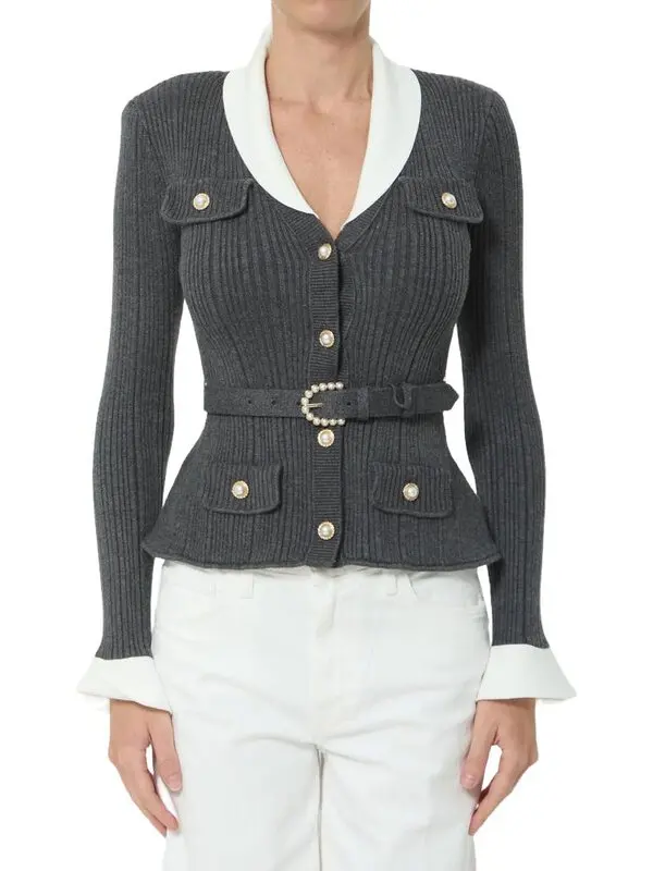 SELF-PORTRAIT Ribbed Knit Cardigan With Shawl Lapels And Belt - Gray
