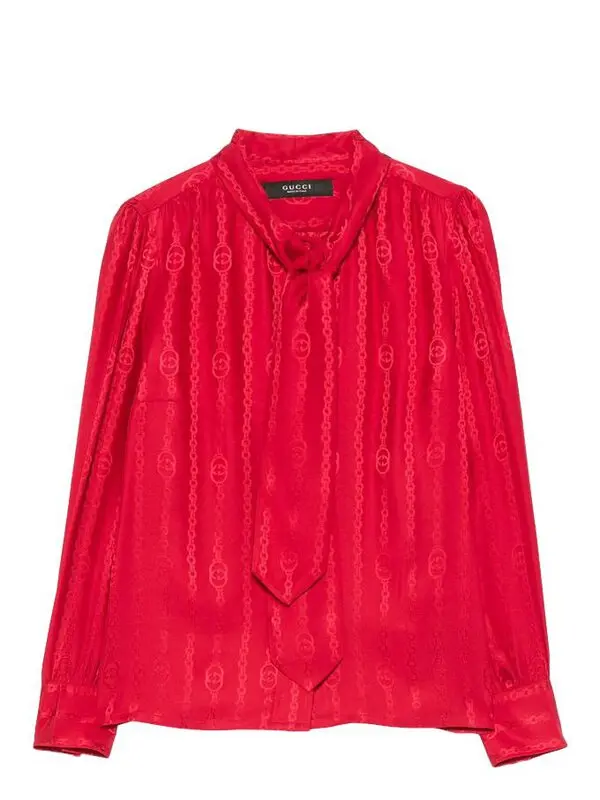 Gucci Jacquard Logo Motif Silk Blouse - Red