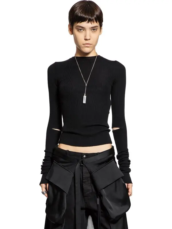 ANN DEMEULEMEESTER Superfine Merino Ribbed Knit Crewneck Sweater With Cut-out Sleeves - Black