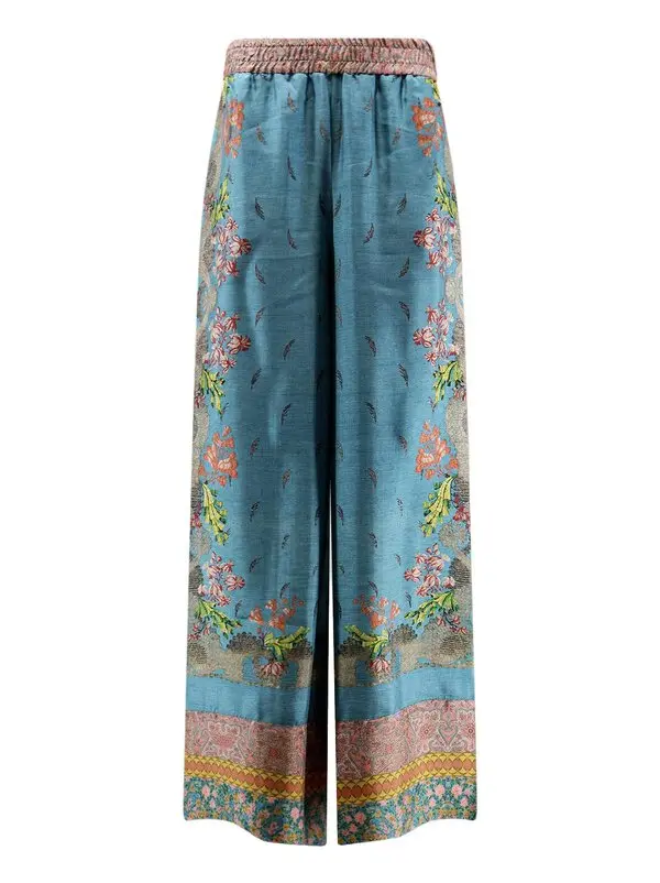 PIERRE-LOUIS MASCIA Multicolor Print Silk Wide-leg Trousers - Blue