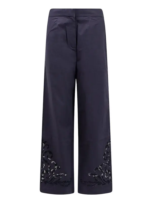SCARLETT POPPIES High-waisted Embroidered Cotton Trousers - Blue