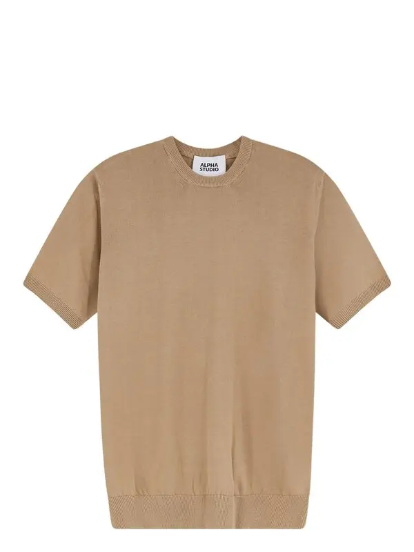 Alpha Studio Cotton Crew Neck Short Sleeve Sweater - Beige