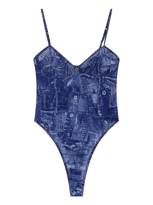 DIESEL® Bridget Nylon Bodysuit With Denim Print - Blue