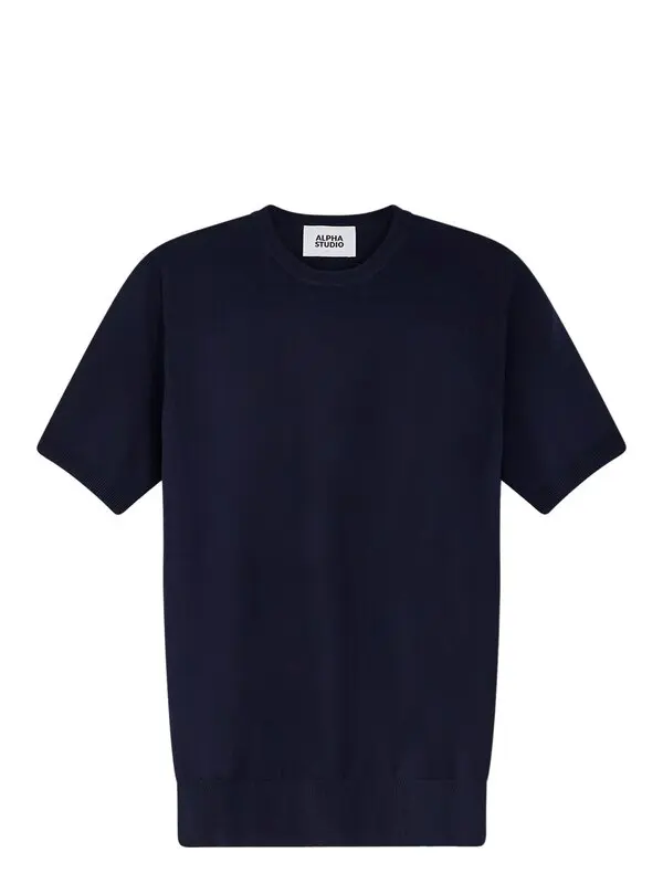 Alpha Studio Cotton Crewneck Short Sleeve Sweater - Blue