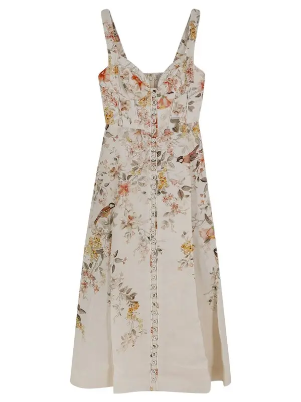 Zimmermann Luna Linen Midi Dress With Allover Floral Print - Beige