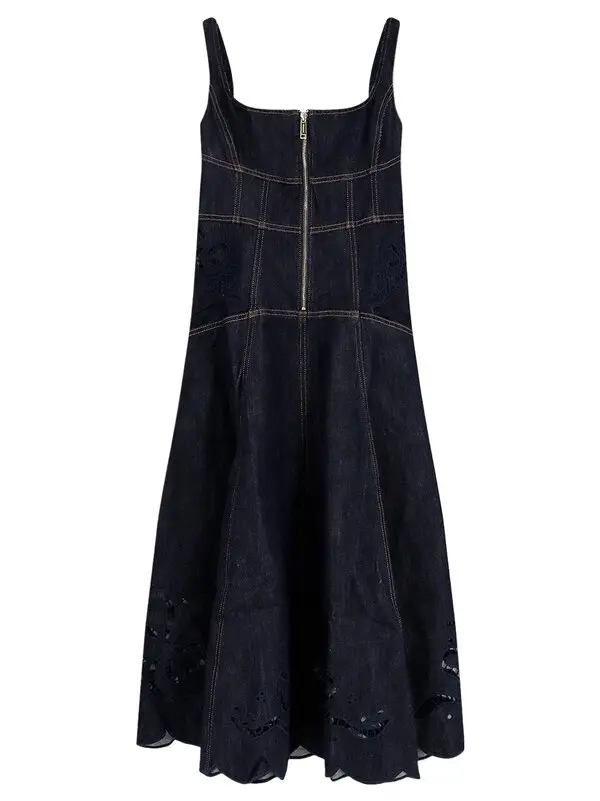 SELF-PORTRAIT Denim Midi Dress With Embroidery - Blue