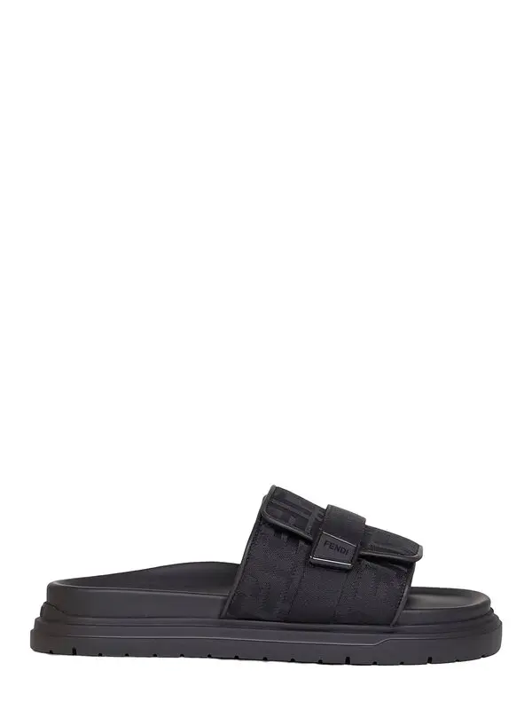 Fendi Black Chunky Slides With Ff Jacquard Nylon Band - Multicolor