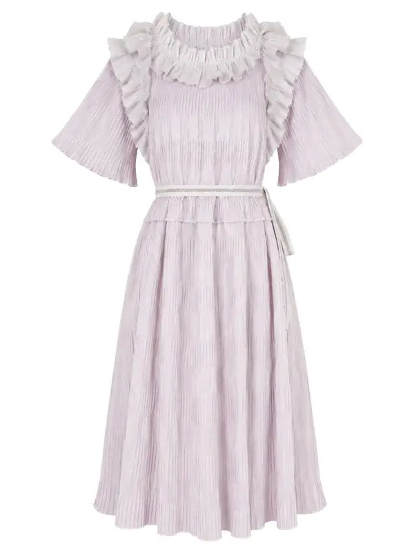 Miro Misljen Pleated Midi Dress With Ruffled Neckline - Pink