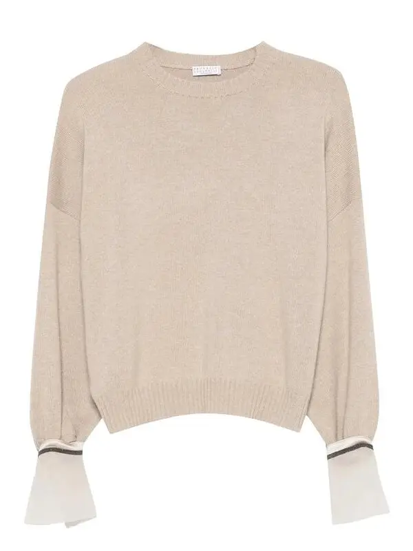 Brunello Cucinelli Cashmere Crew Neck Sweater With Monili Chain Embellishment - Cream