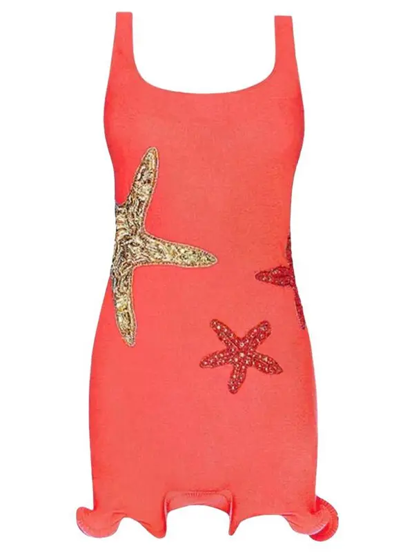 LESLIE AMON Starfish Embellished Ruffled Mini Dress - Red