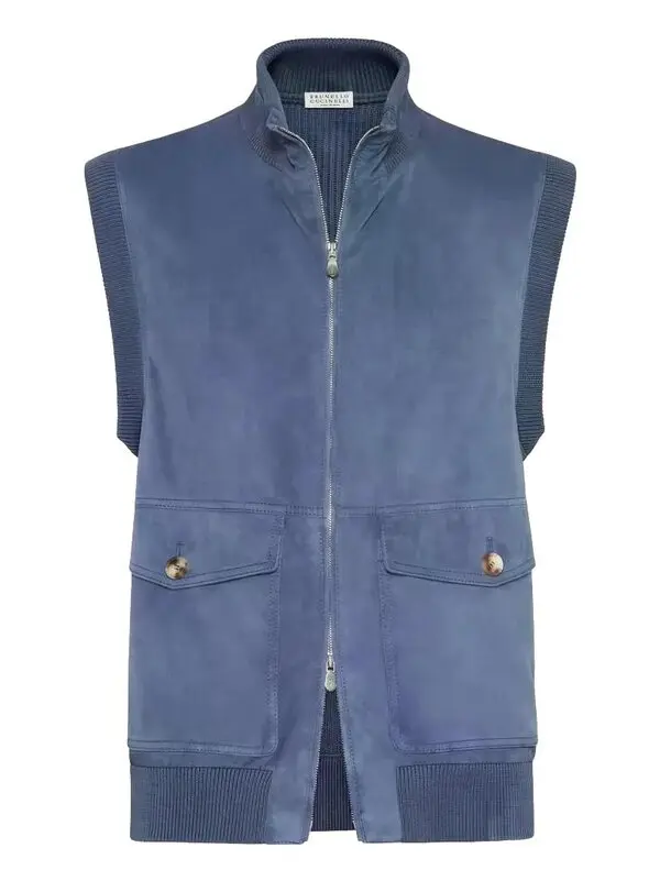 Brunello Cucinelli Suede Ribbed-trim Gilet - Blue