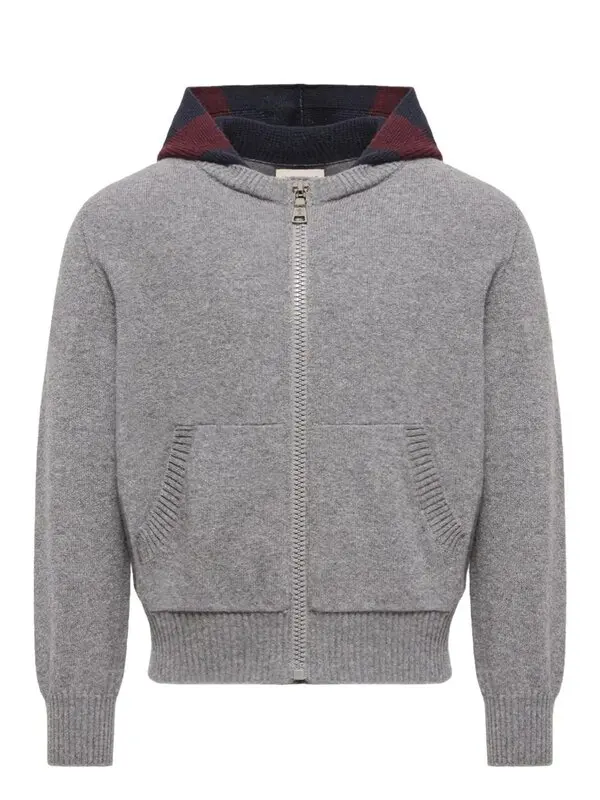 Moncler Wool Cashmere Zip-up Hooded Cardigan With Striped Detail - Grey
