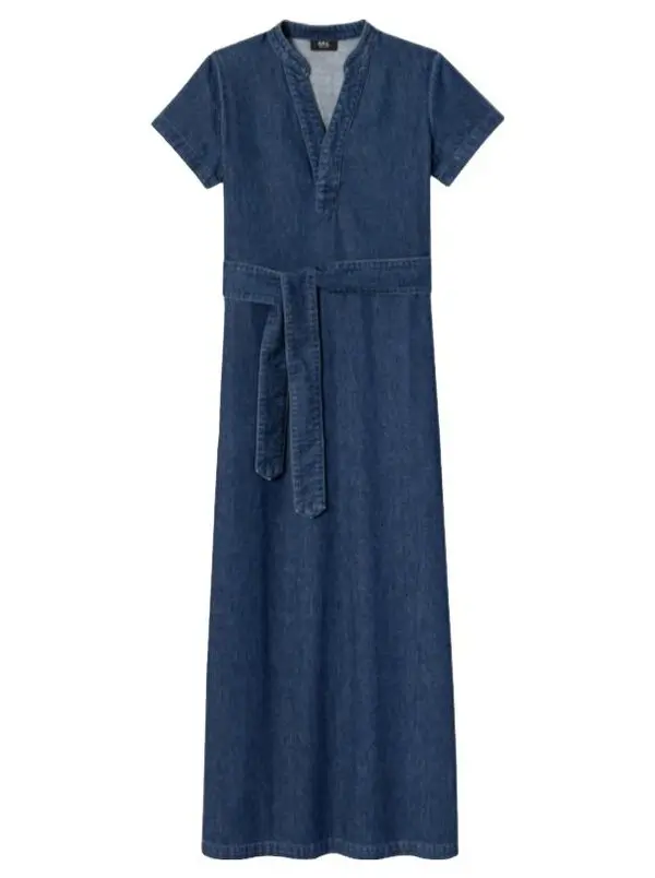 A.p.c. V-neck Denim Maxi Dress With Removable Belt - Indigo