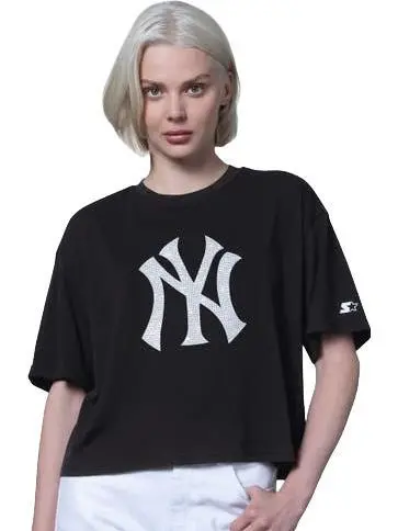 STARTER New York Yankees Sequin Logo Cropped T-shirt - Black